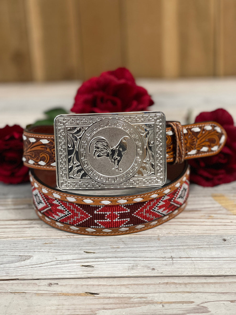 Red Rider Leather Belt & Legendary Silver Cock Buckle Set – Roman ...