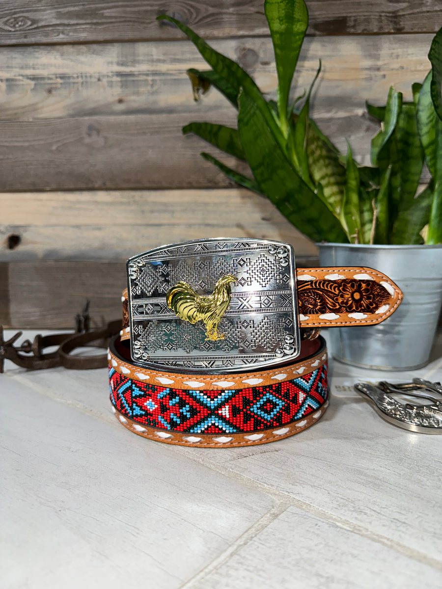 Aztec Red Belt & Aztec Rooster Buckle Set – Roman Valley Ranch