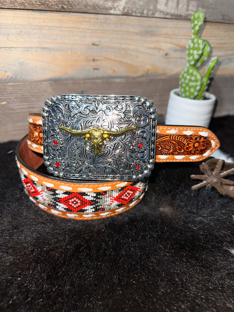Aztec Red Multi Belt & Ruby Red Bull Buckle Set – Roman Valley Ranch